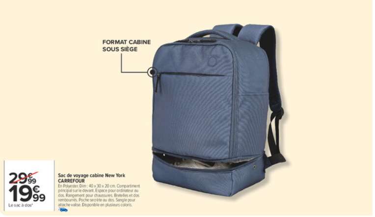 Sac de voyage cabine 40x30x20cm à 19,99€ chez Carrefour | Dealabs