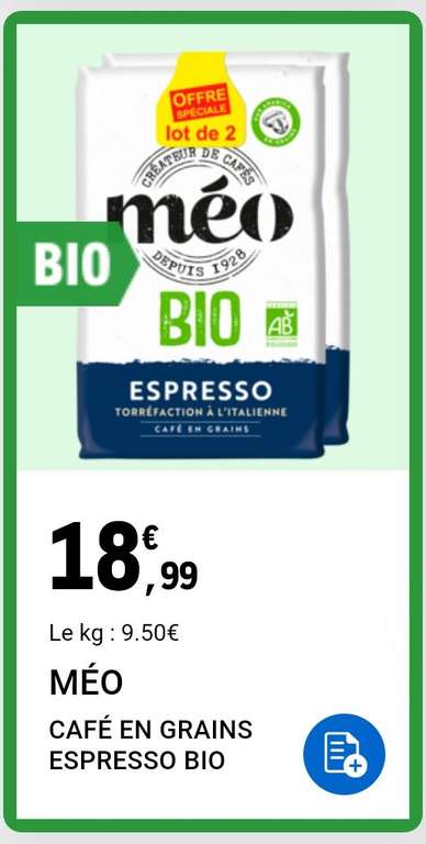 Lot de 2 Café en Grains Meo Espresso Bio, 2 x 1 Kg à 18,99€ chez E ...