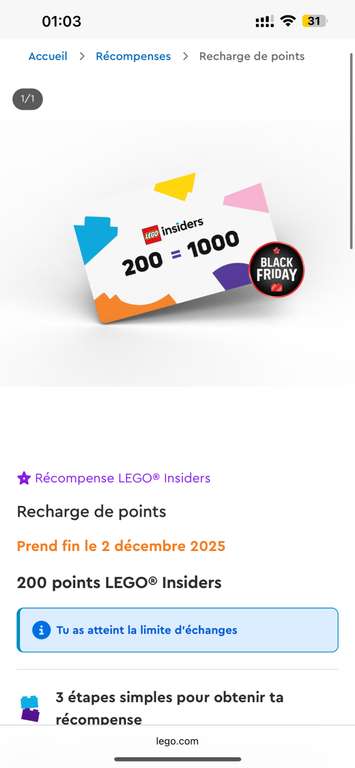 1000 points de fidélité LEGO Insider pour 200 points à Lego - 5,33 ...