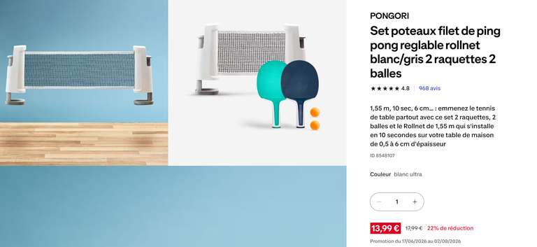 Set poteaux filet ping pong Pongori reglable Rollnet 1,55 m • 2 ...