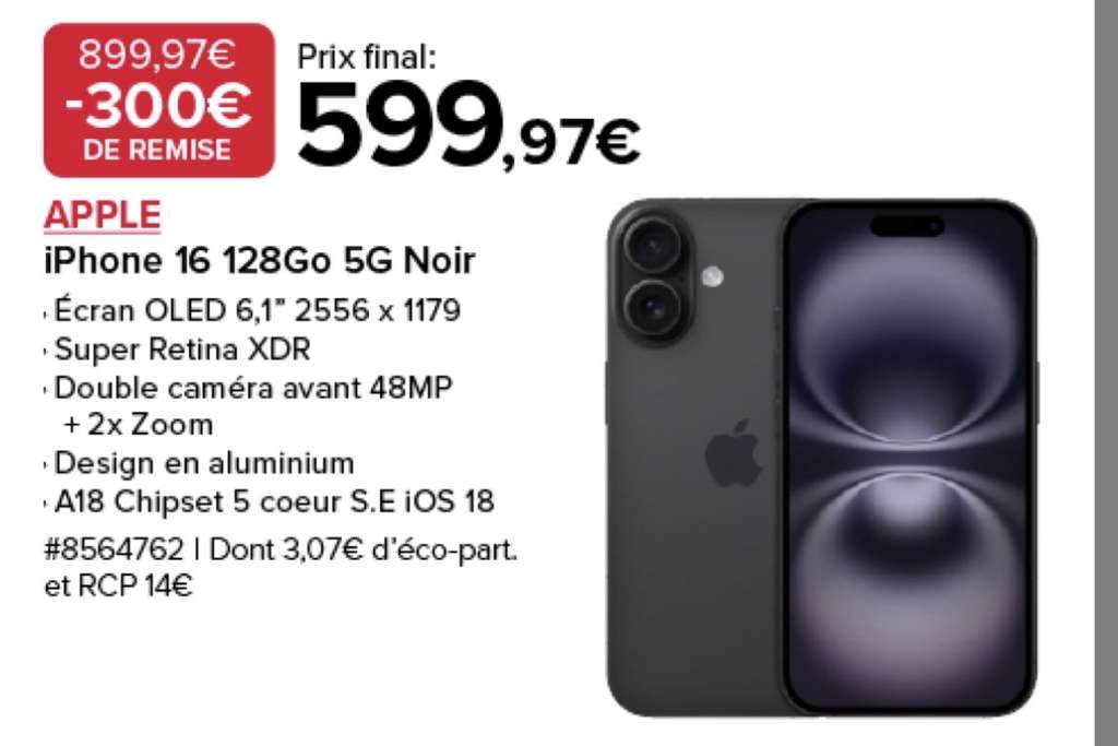 iPhone 16 128 Go 5G Noir à 599,97 € - Super Retina - at Costco | Dealabs