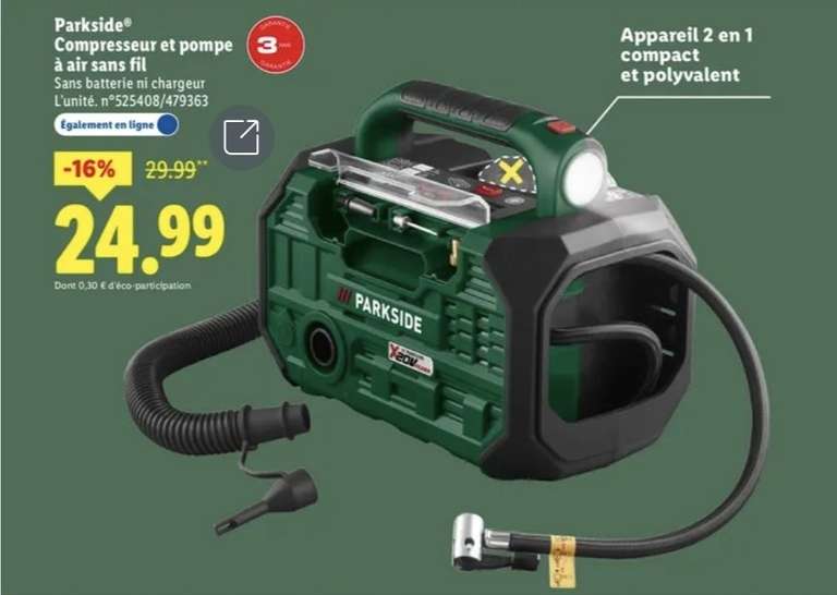 Compresseur et pompe à air Parkside PKA 20-Li C3 à 24,99 € | Dealabs
