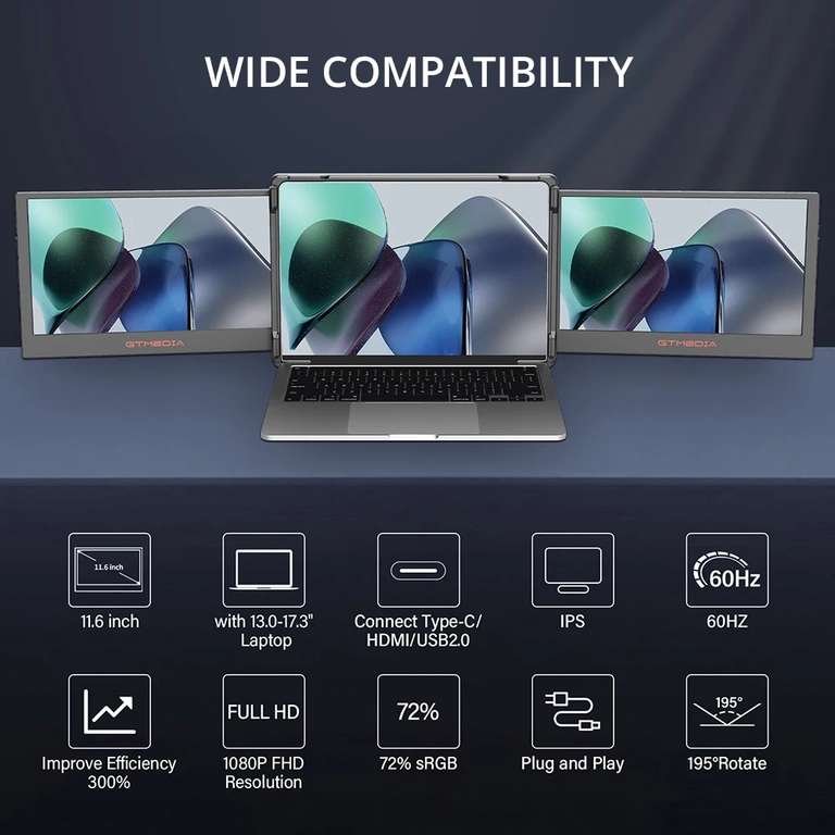 Écran Double Extension GTMedia Mate X pour PC Portable 13-17,3, IPS 11. ...