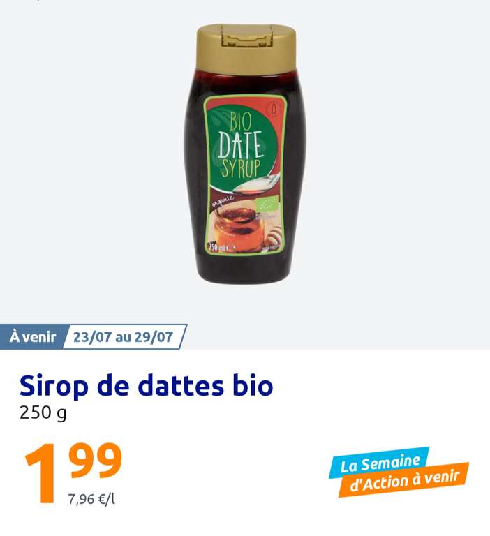 Sirop de dattes bio 250g, sucré et naturel à 1,99 € chez Action | Dealabs